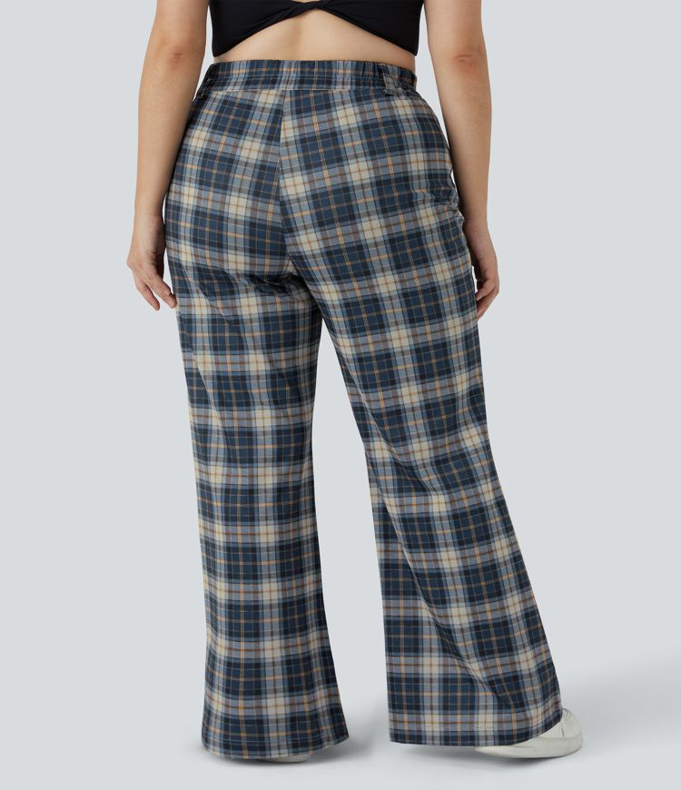 Women’s High Waisted Plaid Plus Size Wide Leg Casual Pants - Halara