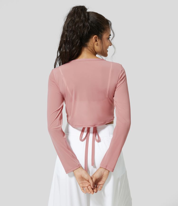 Women’s Sheer V Neck Long Sleeve Tie Back Cropped Yoga Mesh Sports Top ...