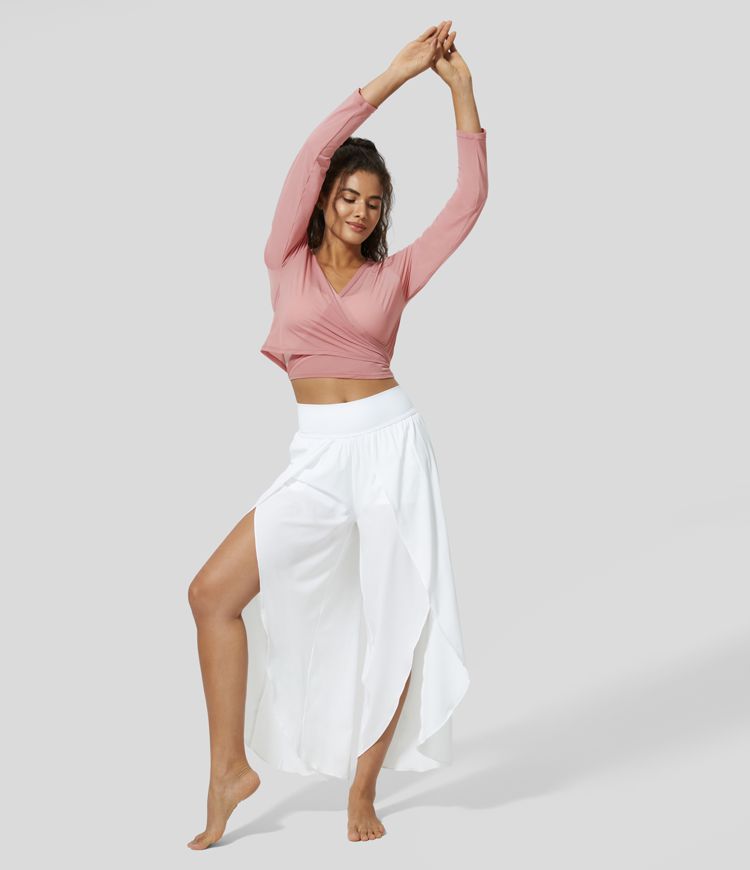 Women’s Sheer V Neck Long Sleeve Tie Back Cropped Yoga Mesh Sports Top ...