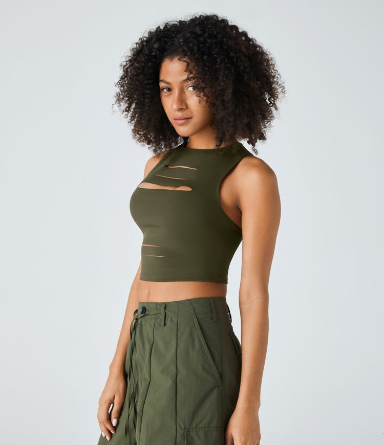 Women’s Backless Racerback Cut Out Ripped Cropped Casual Tank Top - Halara