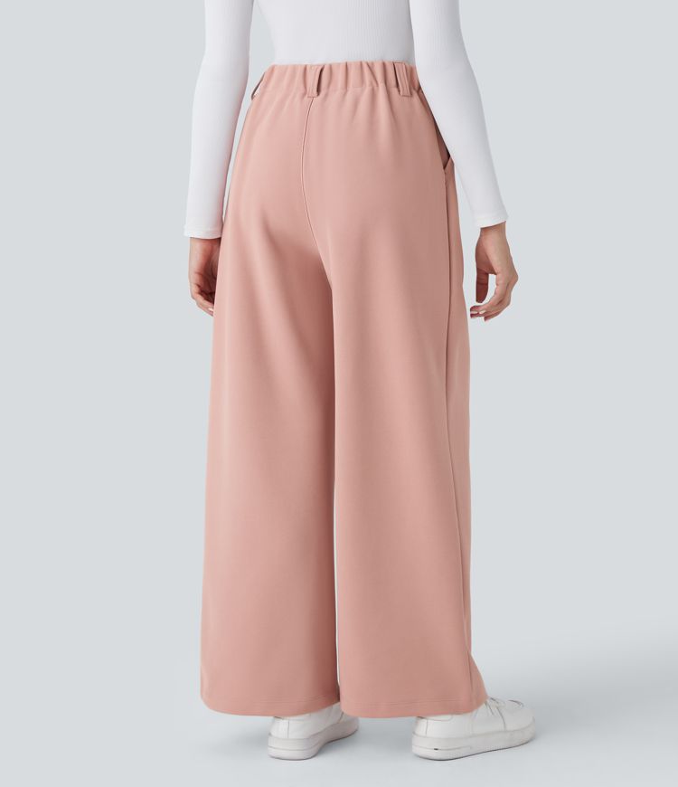 Women’s High Waisted Side Pocket Wide Leg Waffle Fleece Casual Pants - Halara