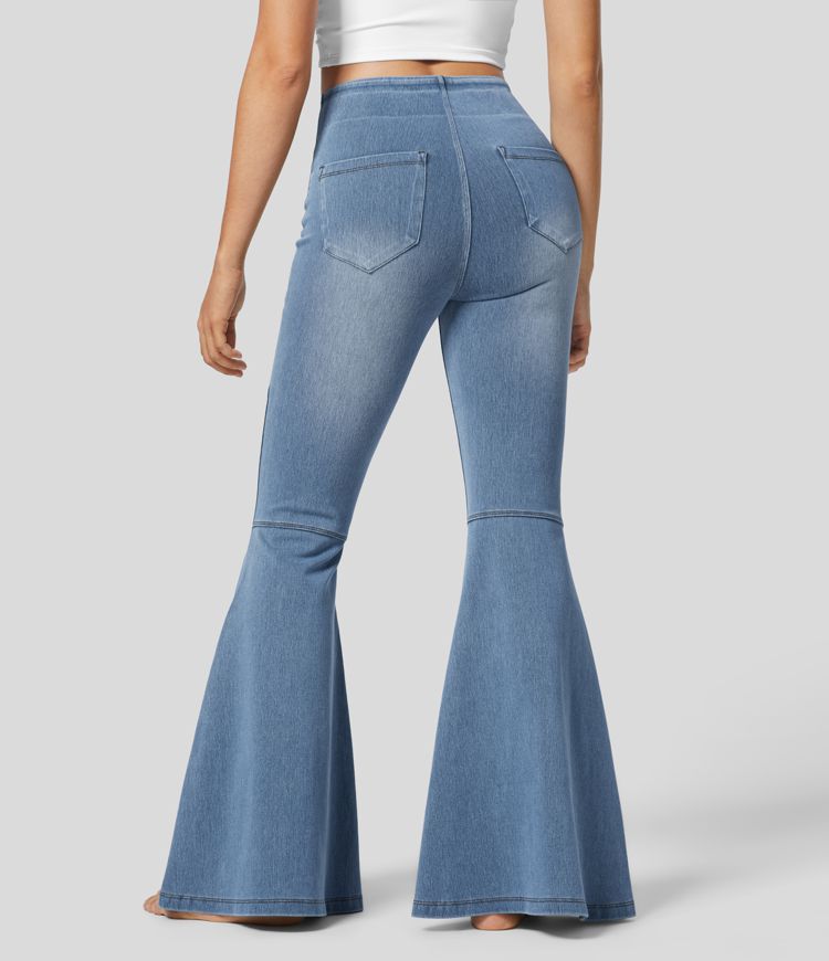 Women’s Halara Flex™ High Waisted Button Back Pocket Stretchy Knit Casual Flare Jeans - Halara