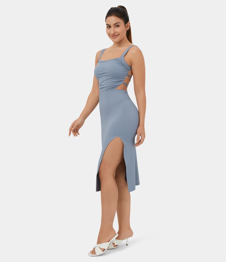 Women s Ruched Backless Crisscross Lace Up Split Bodycon Midi Casual Women s Ruched Backless Crisscross Lace Up Split Bodycon Midi Casual