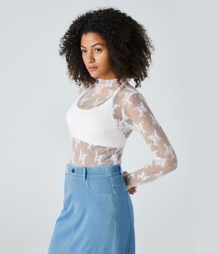 Women’s Sheer Long Sleeve Lace Casual Top - Halara