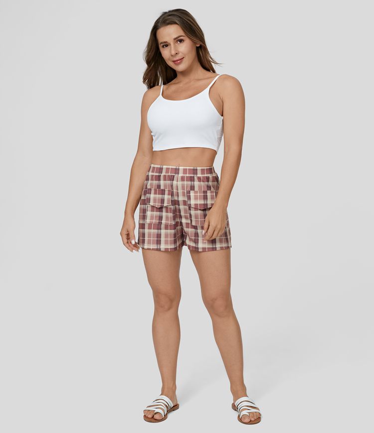 Women’s High Waisted Side Flap Pocket Plaid Casual Shorts 3'' - HALARA