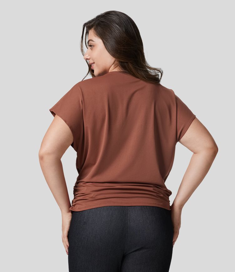 Women’s V Neck Cap Sleeve Crossover Ruched Solid Work Plus Size Blouse ...