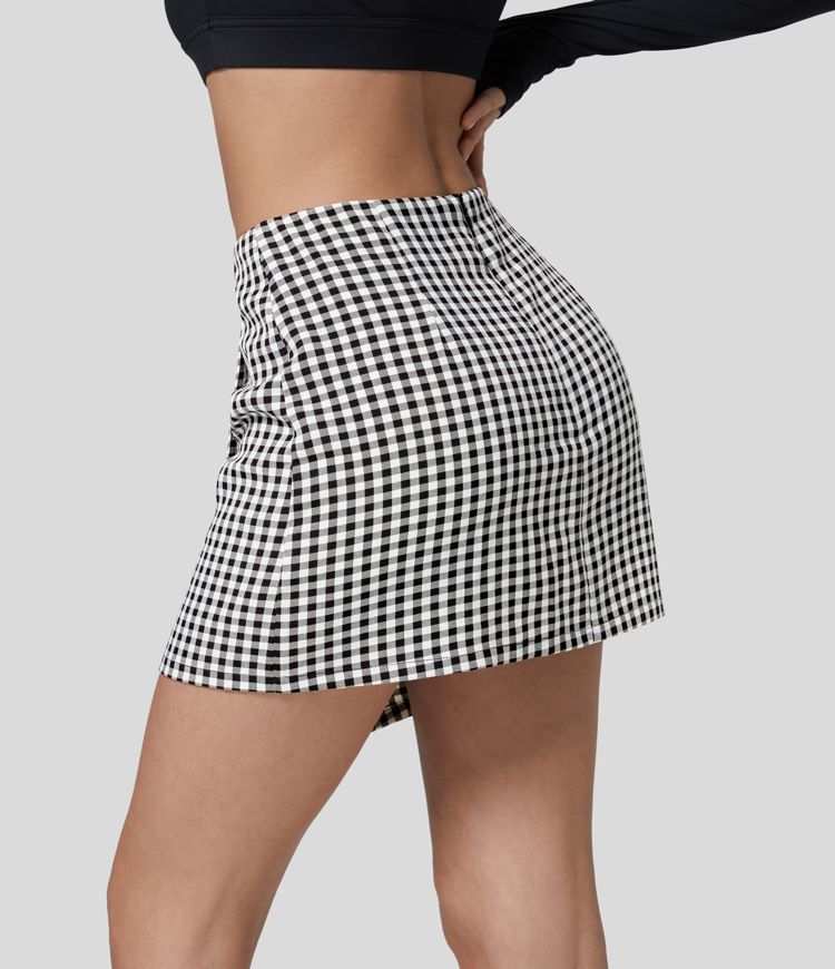 Women’s High Waisted Button Wrap Invisible Zipper 2-in-1 Gingham A Line ...