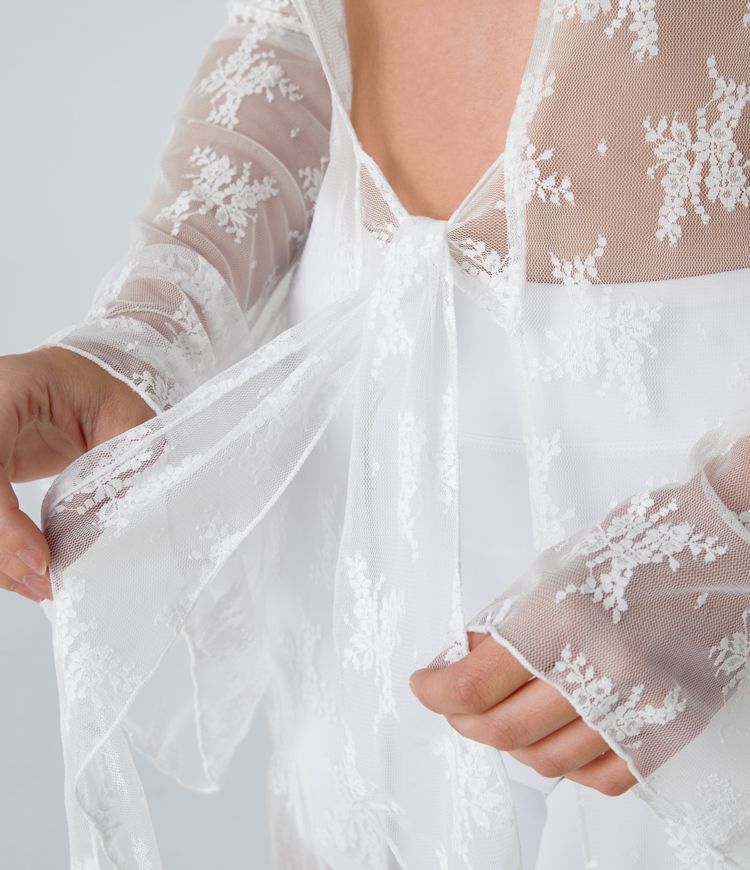 Wholesale Flounce Sleeve Tie Front Ruffle Hem Sheer Lace Kimono | Halara