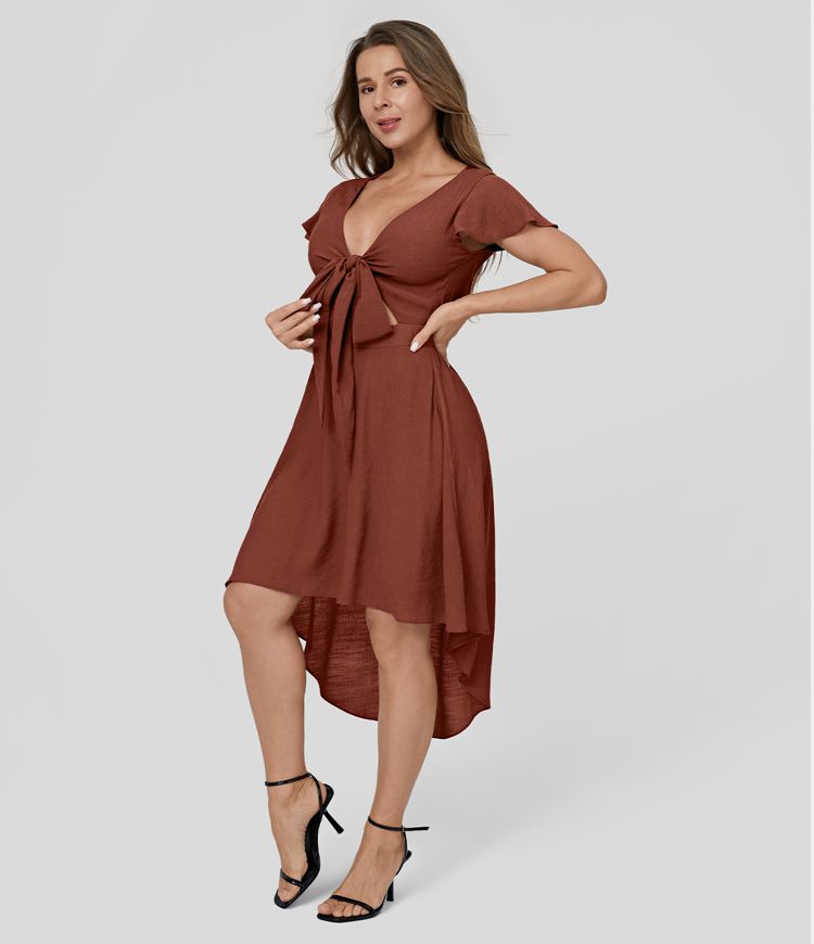 Women’s V Neck Short Sleeve Tie Front & Back Cut Out High Low Flowy ...