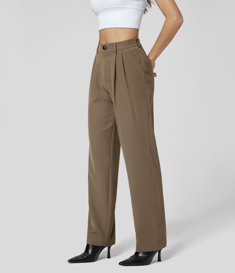 Women’s High Waisted Button Zipper Plicated Side Pocket Work Trousers ...