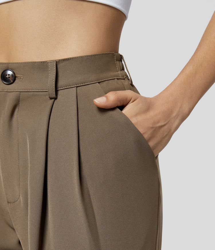 Women’s High Waisted Button Zipper Plicated Side Pocket Work Trousers ...