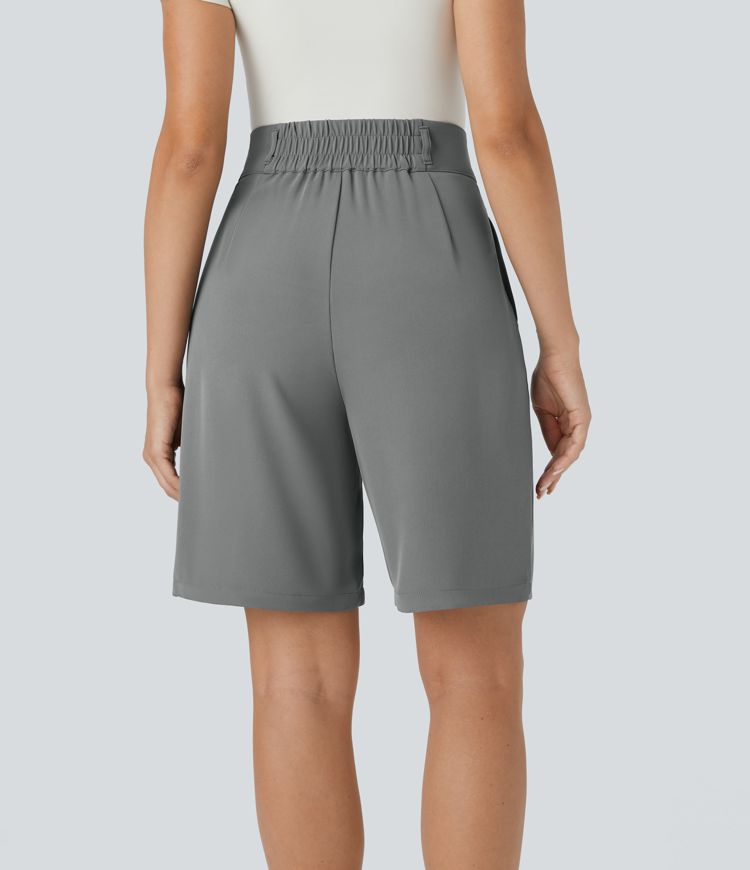 Women’s High Waisted Button Zipper Side Pocket Shirred Work Shorts - Halara