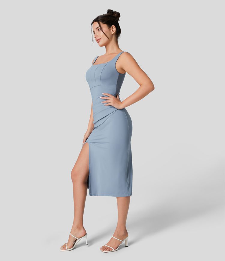 Womens Square Neck Backless Corset Ruched Split Bodycon Midi Casual