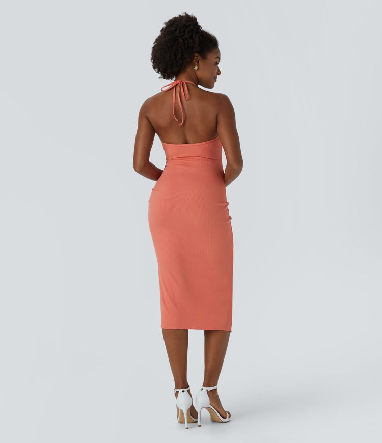 Women’s Ribbed Knit Halter Tie Back Backless Ruched Drawstring Split ...