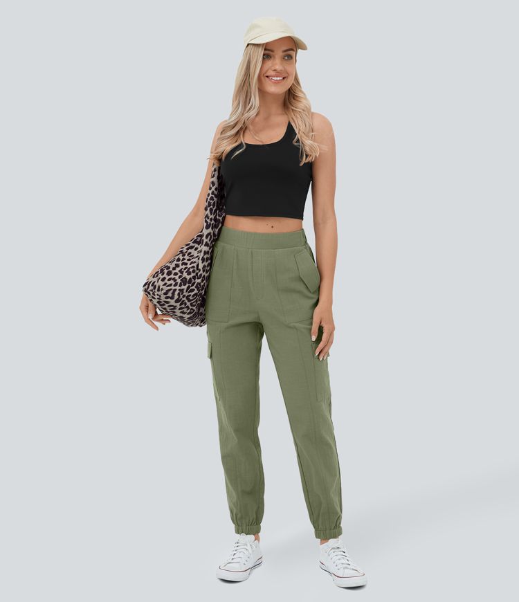 Women’s Mid Rise Elastic Waistband Multiple Pockets Casual Cargo Linen ...