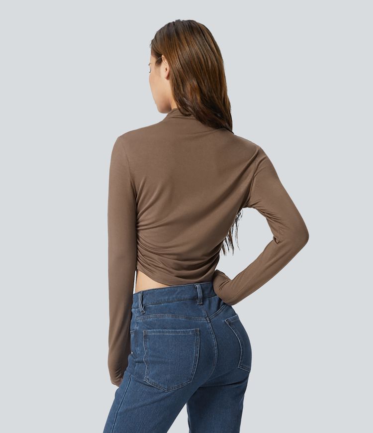 Women’s Mock Neck Side Ruched Curved Hem Slim Casual Top - Halara
