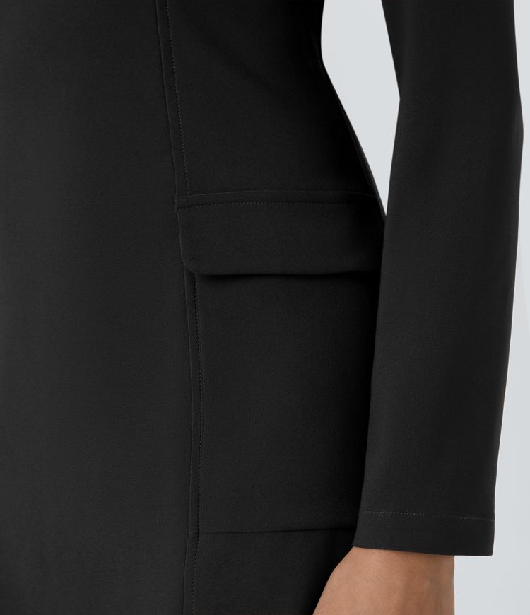 Women’s Square Neck Long Sleeve Invisible Zipper Flap Pocket Slim Mini ...