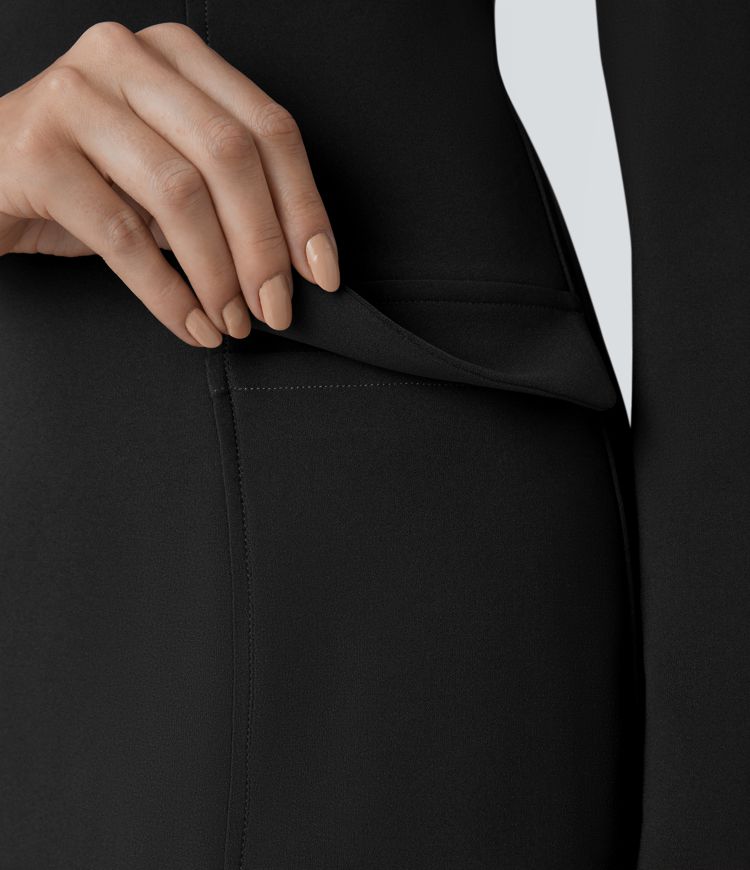 Women’s Square Neck Long Sleeve Invisible Zipper Flap Pocket Slim Mini ...