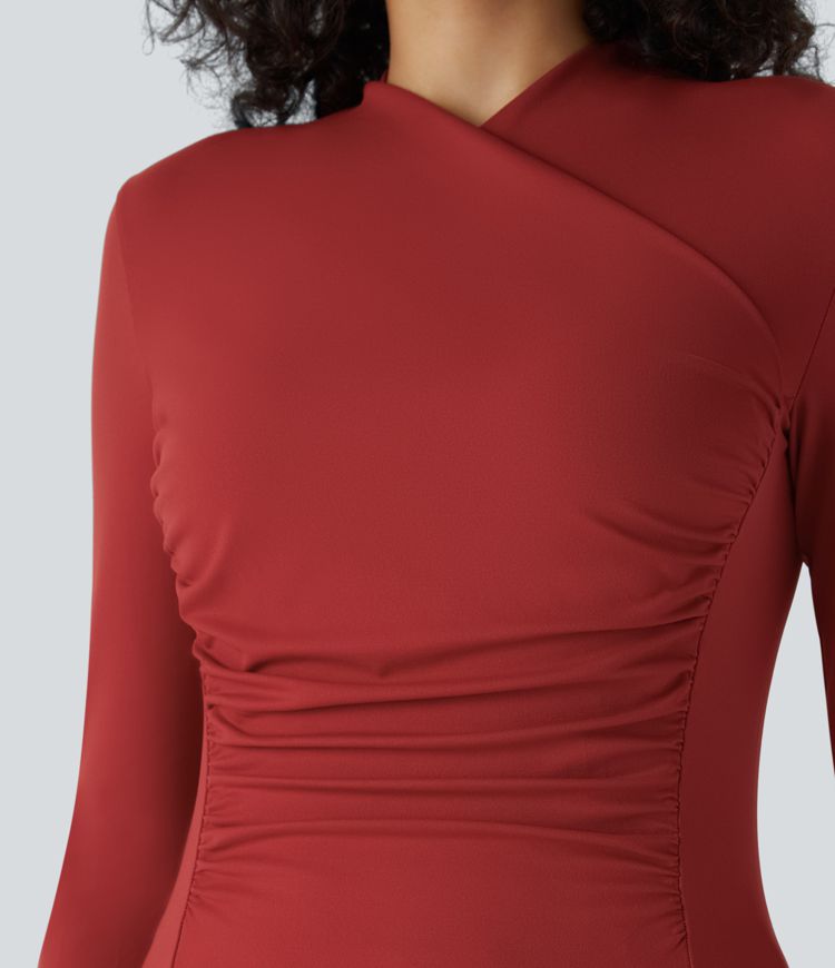 Women’s Crossover V Neck Long Sleeve Ruched Slim Work Top - Halara