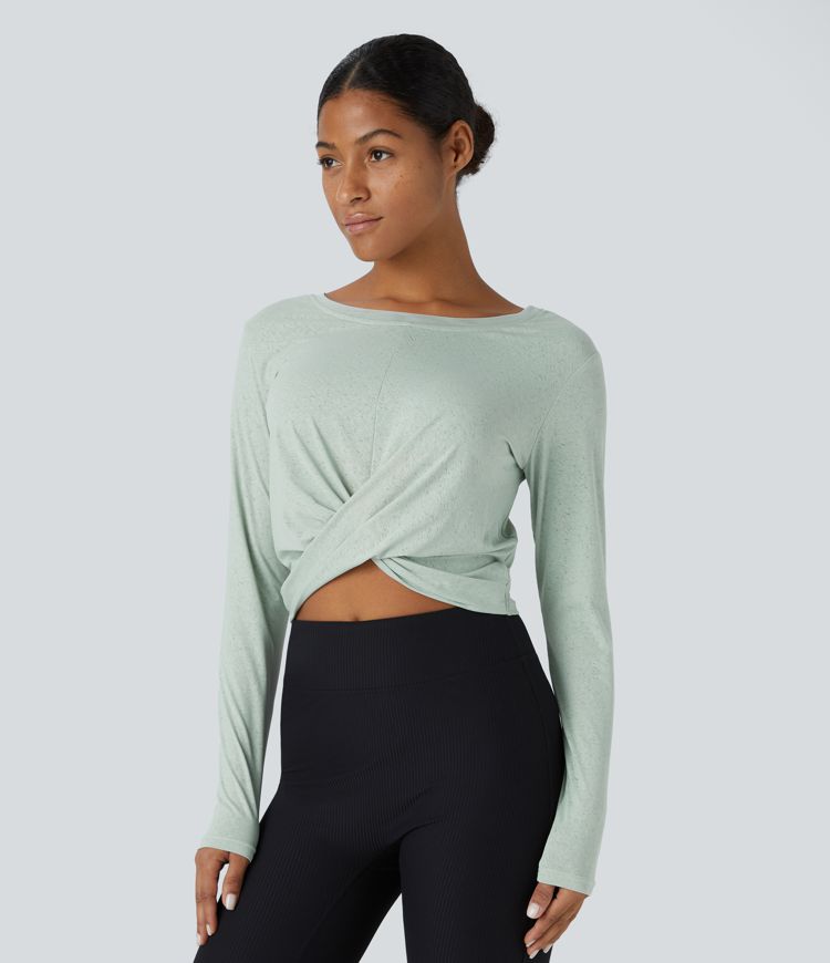 Women’s Round Neck Long Sleeve Contrast Mesh Crossover Hem Solid Yoga ...
